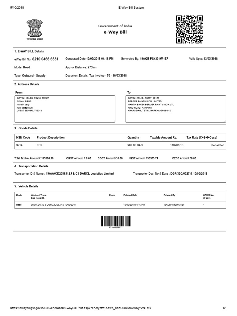 E-Way Bill Details for Berger Paints | PDF | Public Finance | Taxation