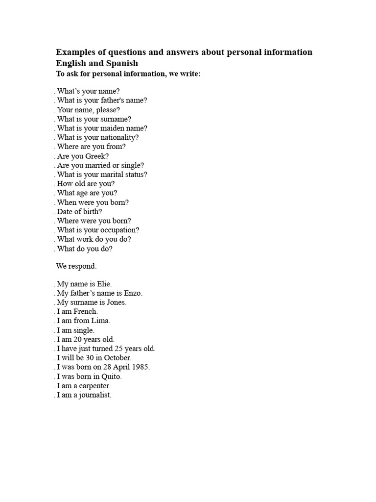 Basic Personal Info Questions in English | PDF