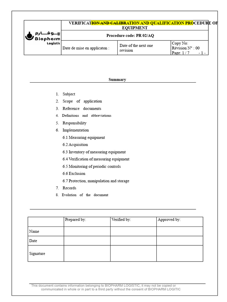 Procedure For Verification and Calibration of Equipment | PDF ...