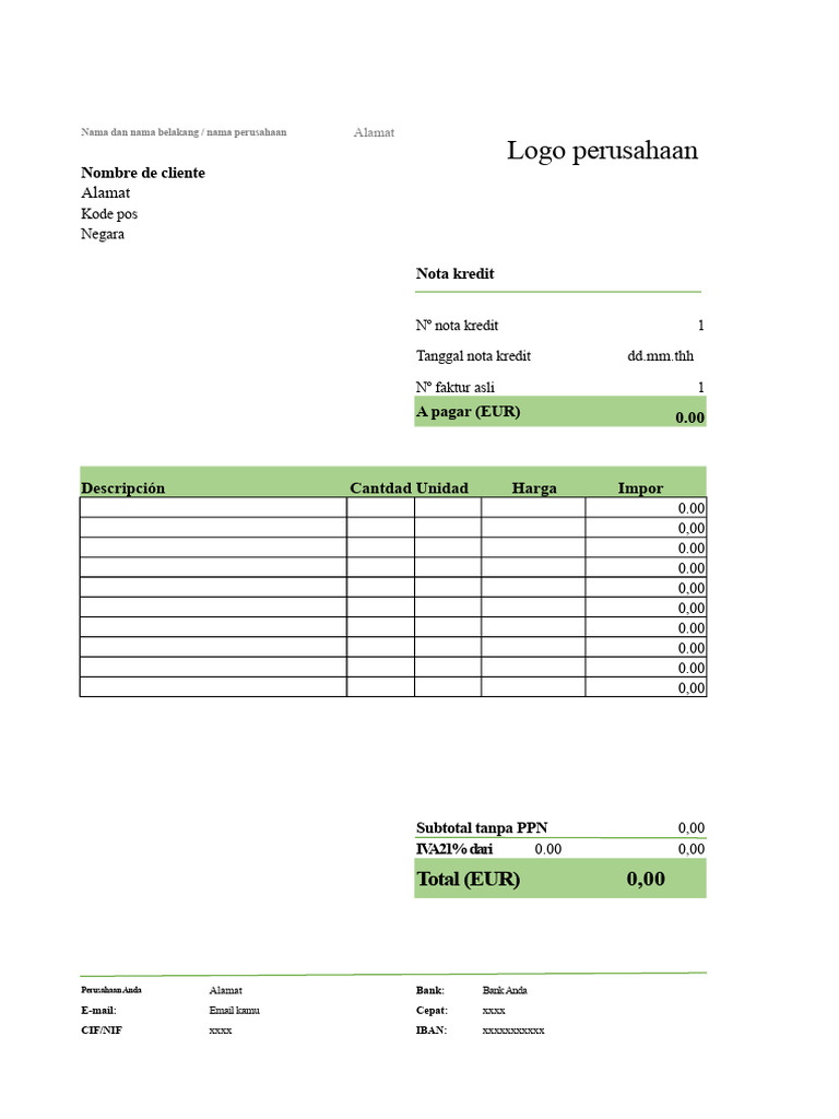 Contoh Nota Kredit Excel | PDF