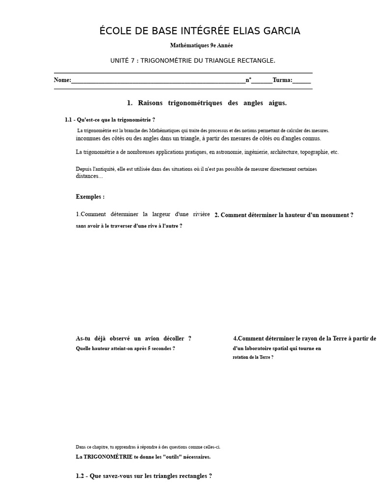 Trigonométrie du Triangle Rectangle en 9e Année | PDF | Fonction ...