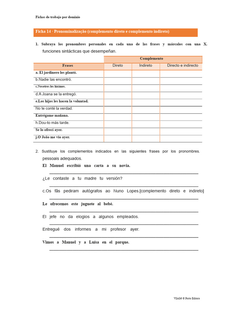 Ficha 14 Pronominalización (Complemento Directo y Complemento Indirecto) | PDF