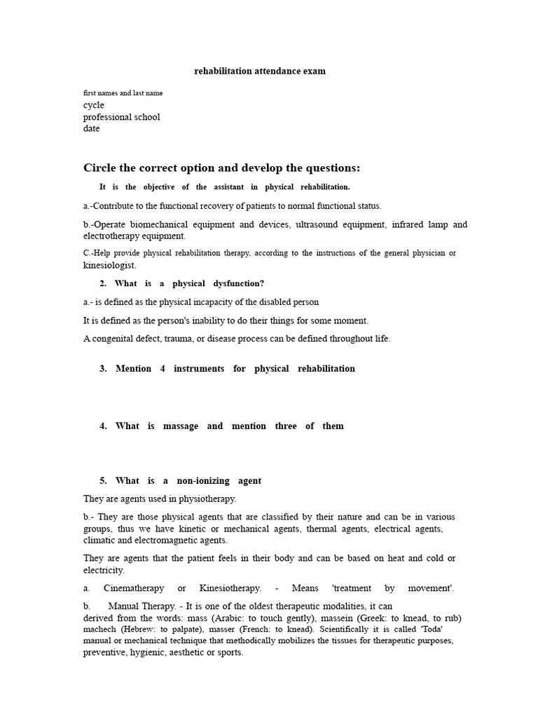 Rehabilitation Attendance Exam | PDF | Physical Therapy | Clinical Medicine