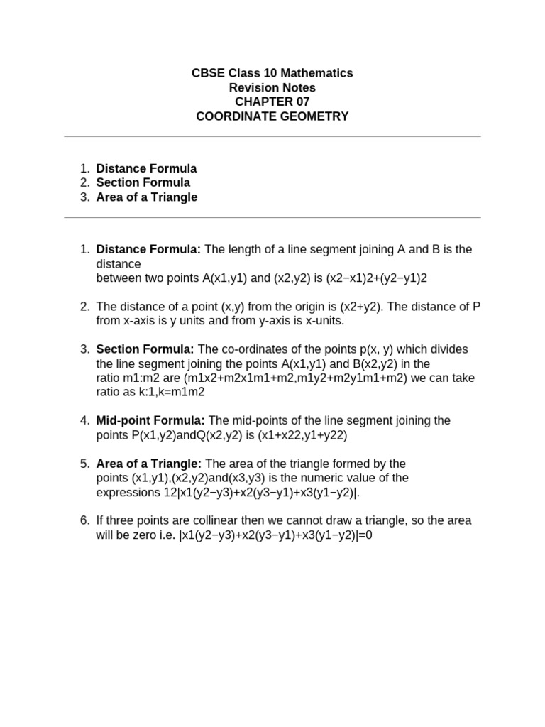 CBSE Class 10 Coordinate Geometry Notes | PDF