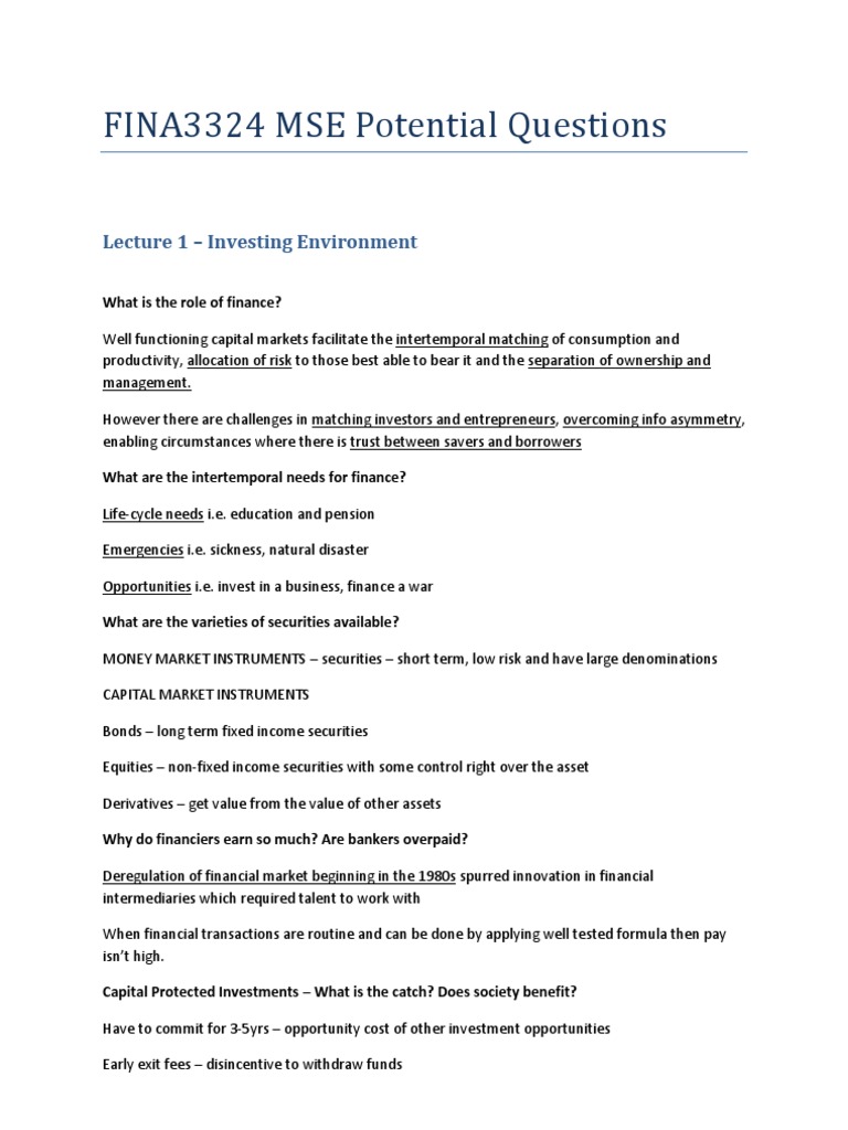 FINA3324 MSE Potential Questions | PDF | Capital Asset Pricing Model ...