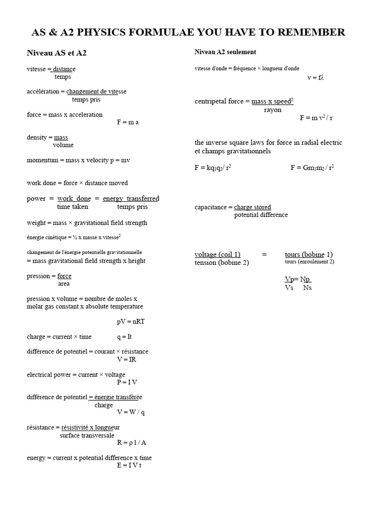 Formules de Physique AS et A2 à Retenir | PDF | Phénomène physique ...