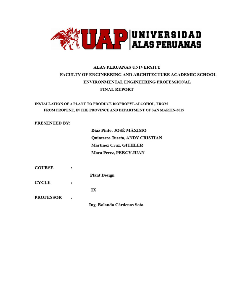 Pip Project Isopropyl Alcohol Plant Design | PDF | Distillation | Water