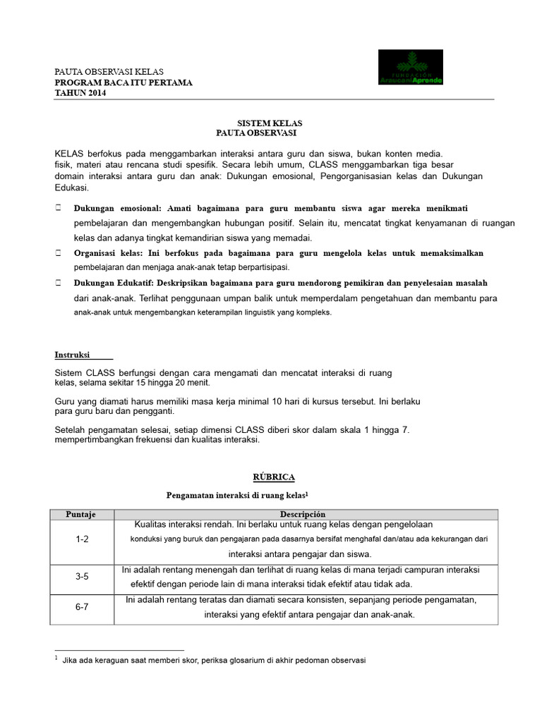 Panduan Observasi Kelas CLASS 2014 | PDF
