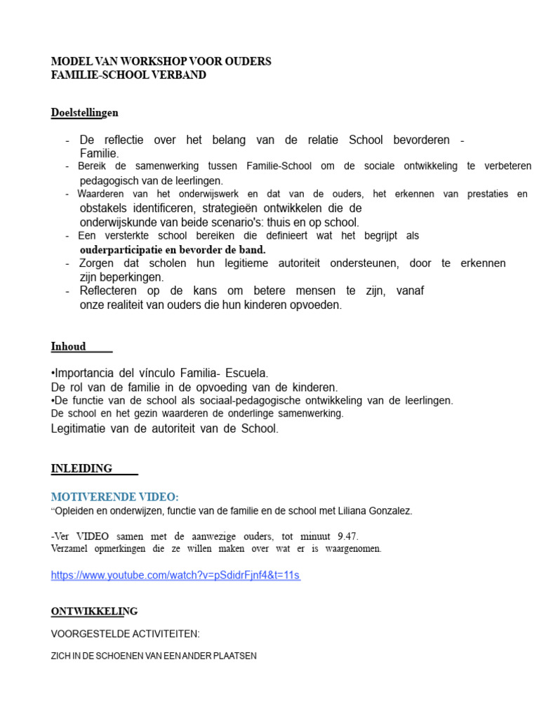 Klas 5 Model Van Workshop Voor Ouders Relatie Gezinschool | PDF