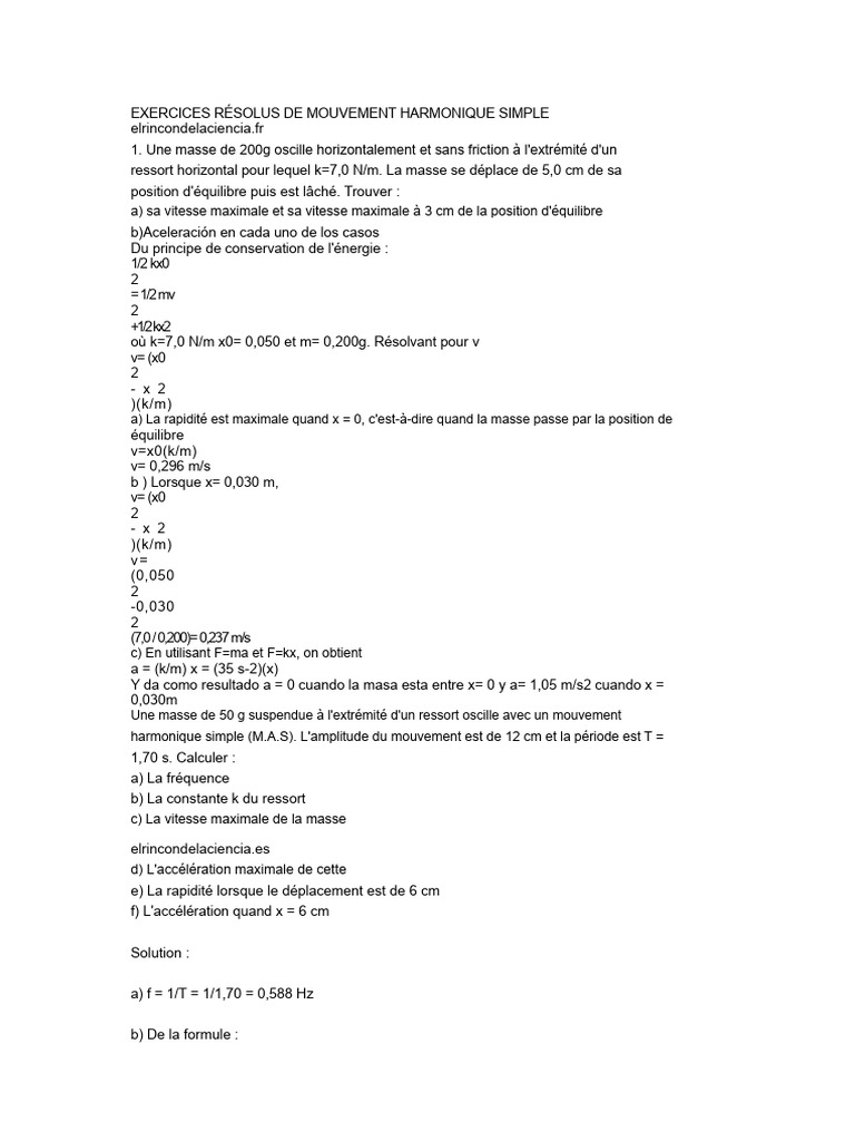 Exercices Résolus de Mouvement Harmonique Simple | PDF | Masse | Pendule (physique)