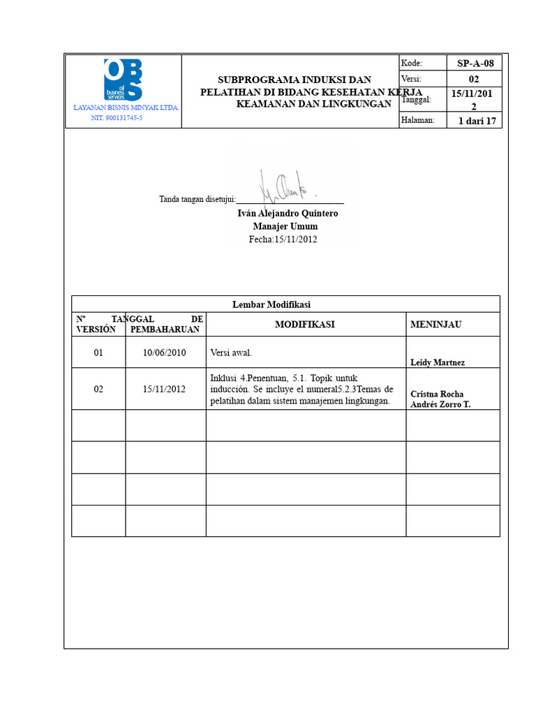 SP-A-08 Subprogram Induksi dan Pelatihan di HSE V2 | PDF
