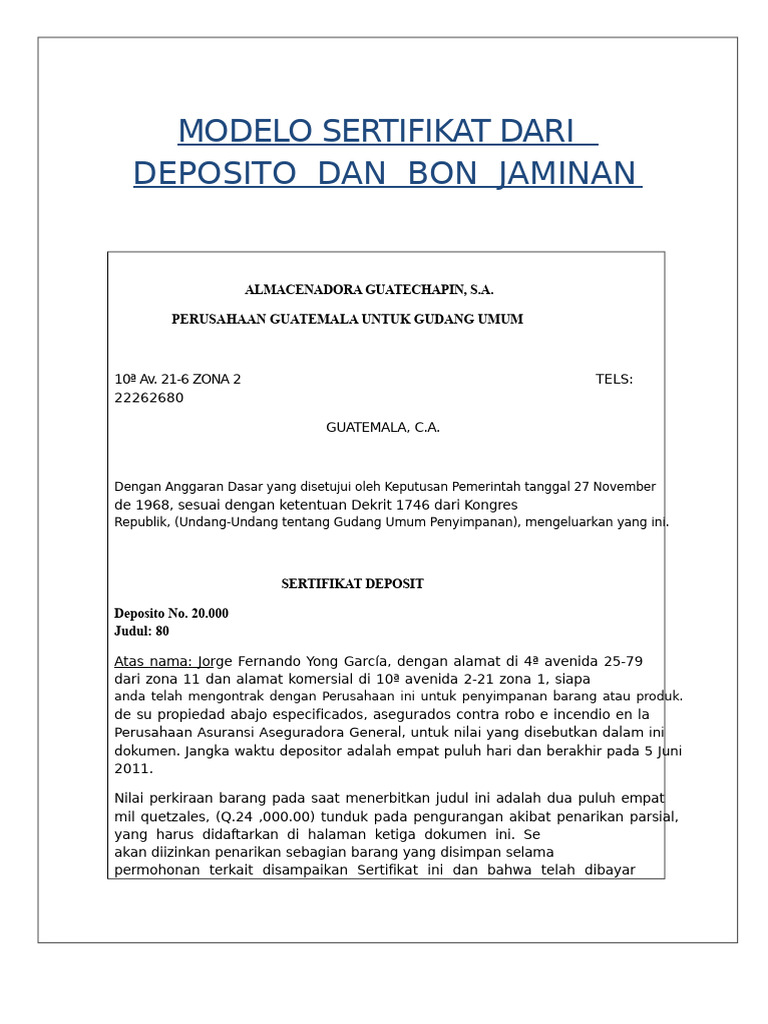 Sertifikat Deposito dan Bon Jaminan Guatechapin | PDF