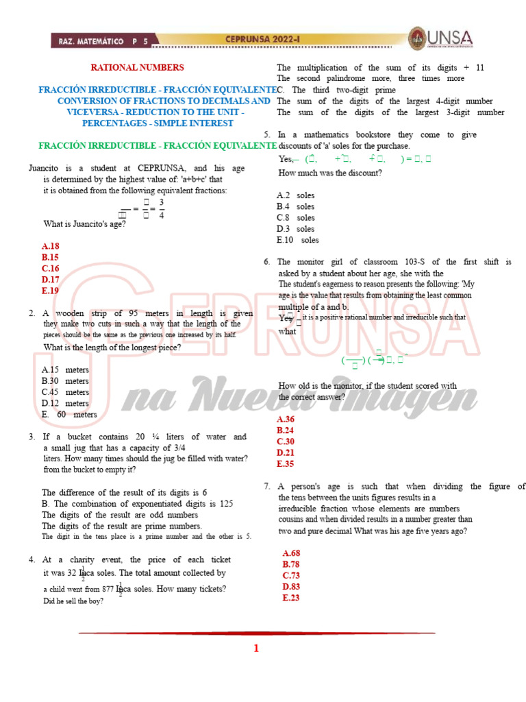 01 RAZ MAT. PRACTICE 05 CEPRUNSA 2022 I PHASE | PDF | Rational Number ...