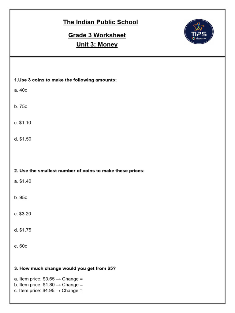 Grade 3 Money Worksheet Activities | PDF