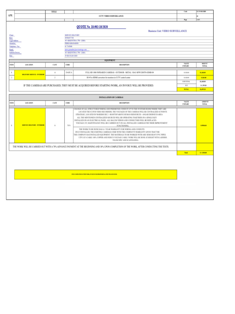 CCTV Installation Proposal and Quote | PDF | Closed Circuit Television ...