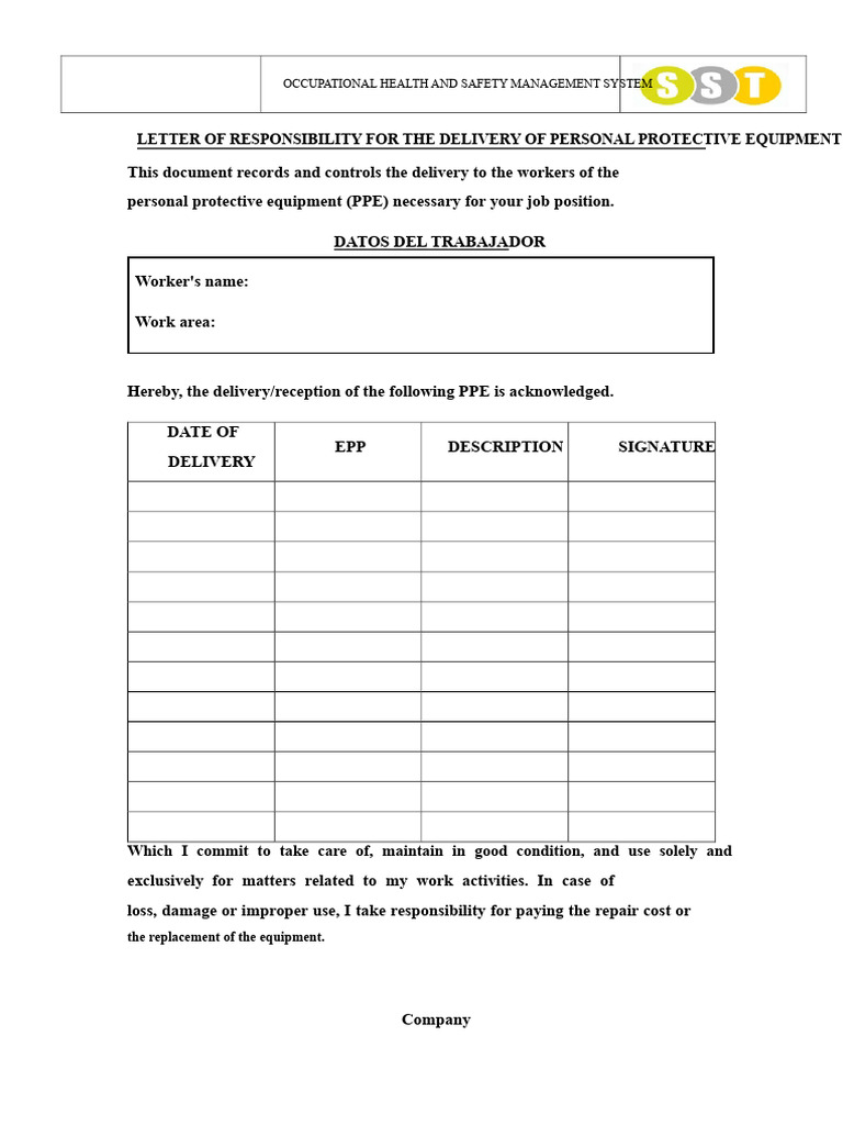 Letter of Responsibility For The Delivery of Personal Protective ...