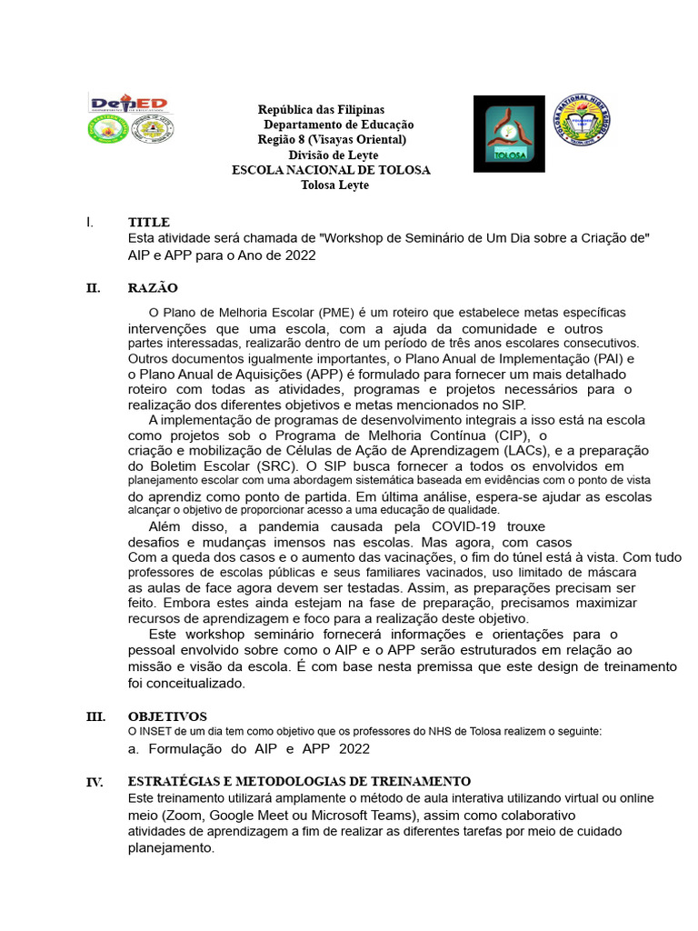 Workshop AIP e APP 2022 em Tolosa | PDF | Aprendizado | Planejamento