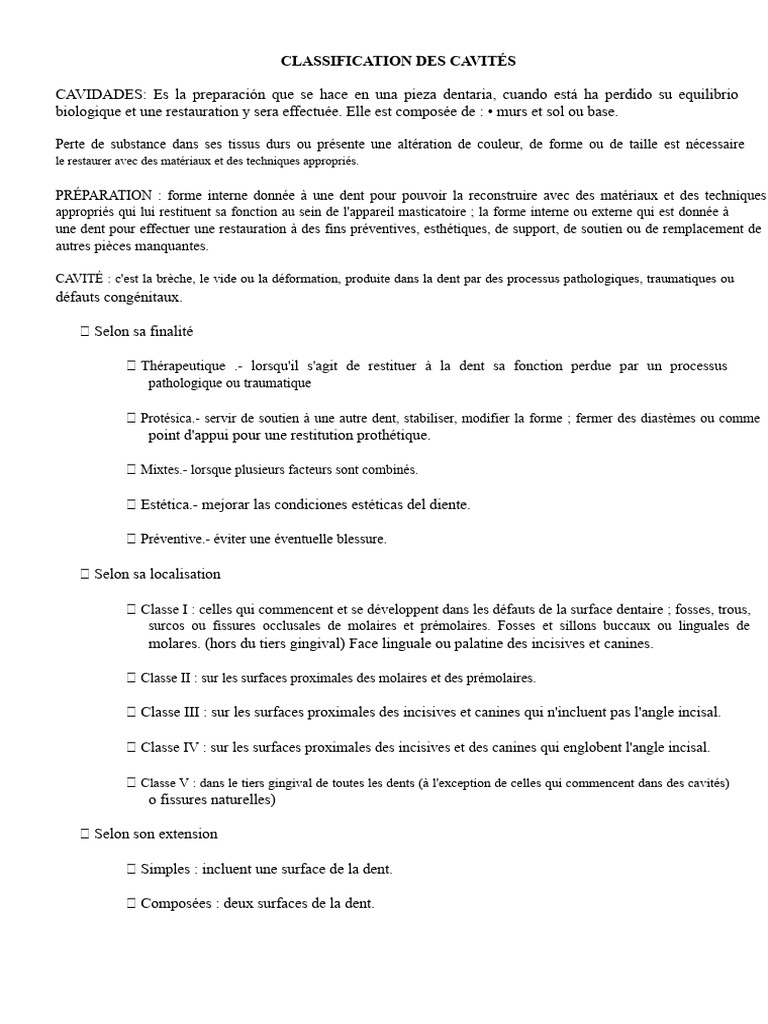 Classification des cavités dentaires et outils | PDF | Dent | Émail ...