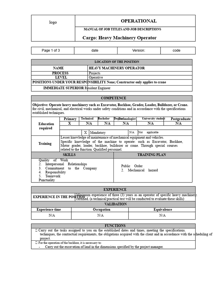 Heavy Machinery Operator | PDF | Heavy Equipment | Occupational Safety ...