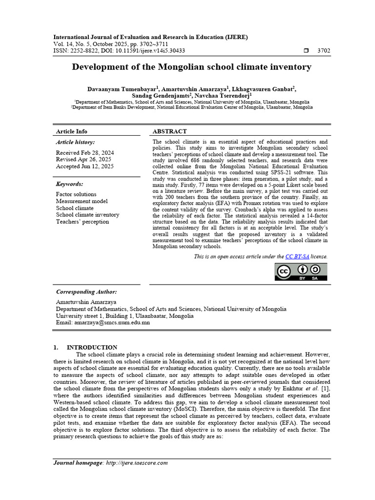 Development of The Mongolian School Climate Inventory | PDF | Validity ...