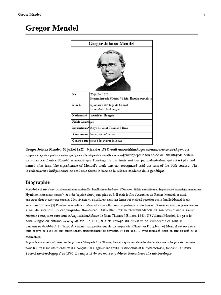 Gregor Mendel : Pionnier de la génétique | PDF | Génétique | Biologie