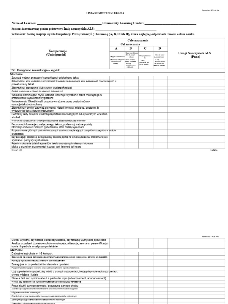 RPL-Form-4-AEL-Lista Kontrolna Umiejętności Uczniów | PDF