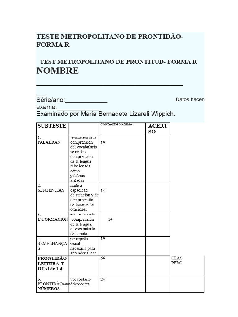 Prueba Metropolitana de Prontitud | PDF | Ciencia cognitiva | Cognición