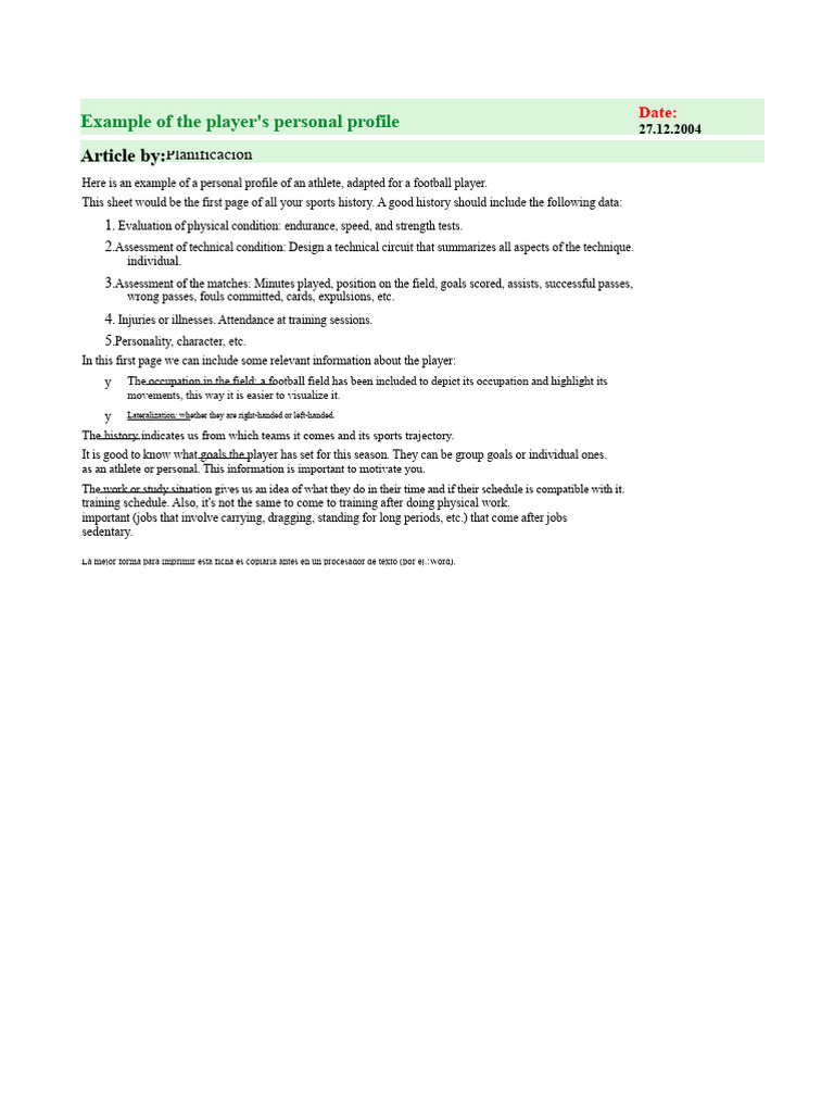 Example of Player Personal Record | PDF