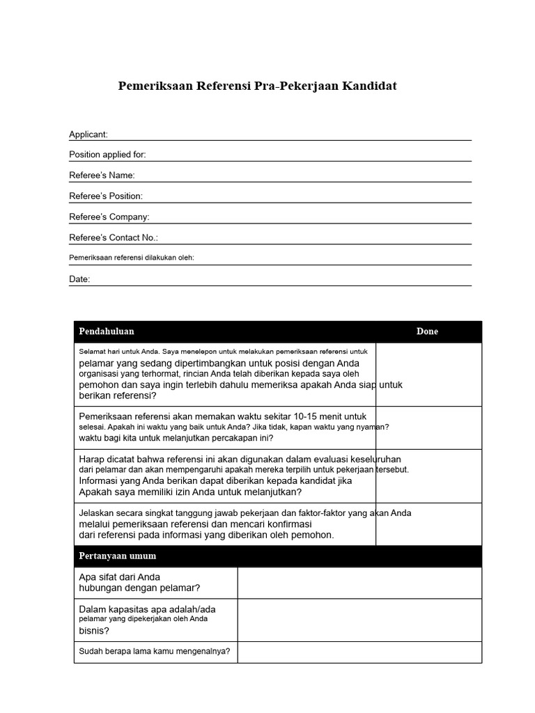 Formulir Pemeriksaan Referensi Pra-Pekerjaan Calon | PDF