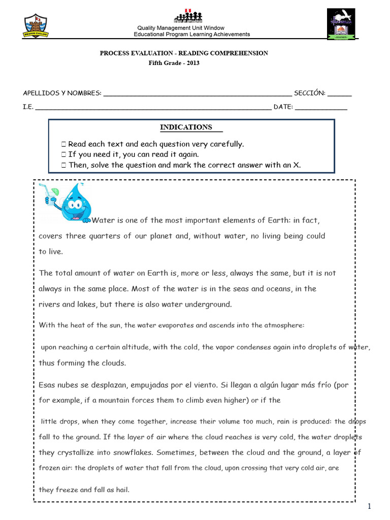 Fifth Grade - Reading Comprehension Test | PDF | Water | Water Cycle