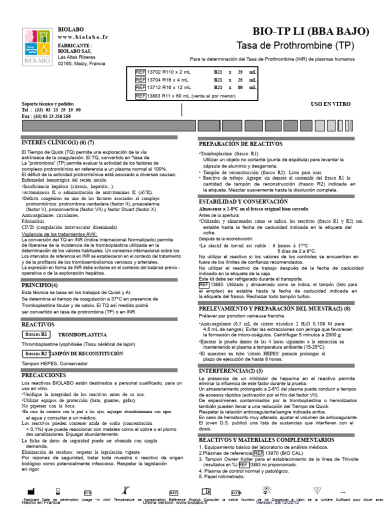 BIO-TP LI (Bajo ISI) Tasa de Prothrombina (TP) | PDF | Coagulación | Sangre