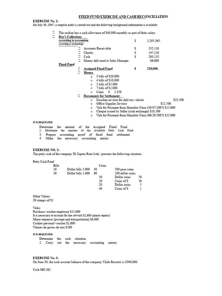 Fixed Fund Exercise and Cash Count | PDF | Banks | Business