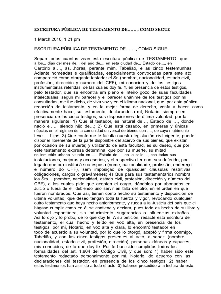 Escritura Pública de Testamento Notarial | PDF | Voluntad y testamento ...