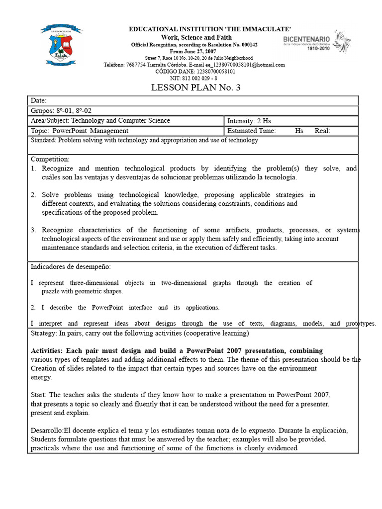 Technology Lesson Plan Grade 8 | PDF | Lesson Plan | Cognitive Science