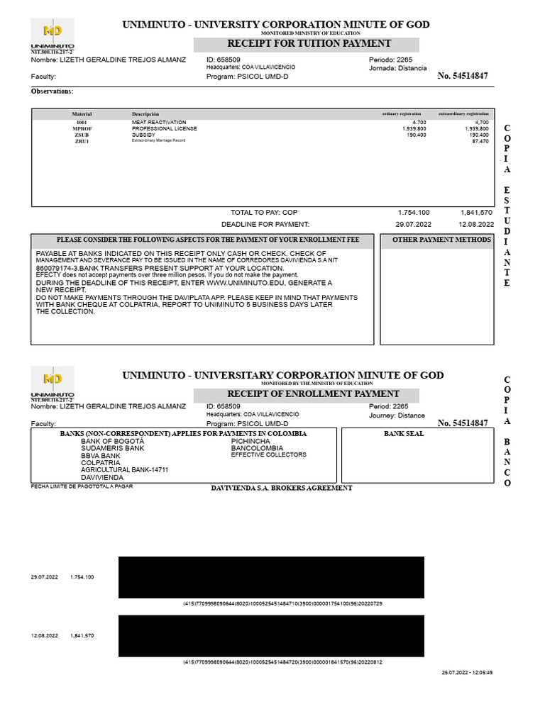 UNIMINUTO Tuition Payment Receipt | PDF | Payments | Banks