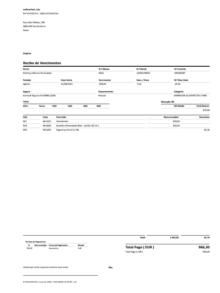 Matheus Guedes - Recibo Agosto 2025 | PDF