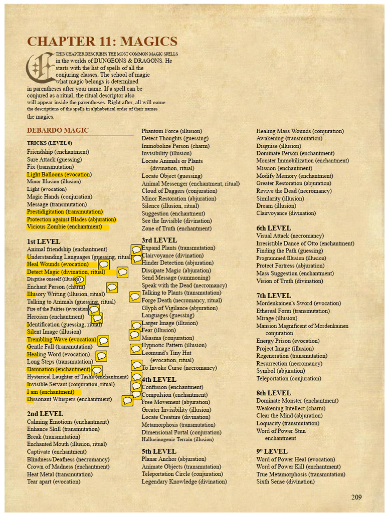 209 - List of Spells - D&D 5E - Player's Handbook (Colored Background ...