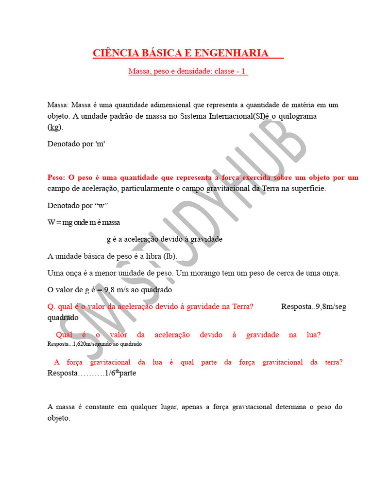 Massa, Peso e Densidade: Fundamentos | PDF | Densidade | Quilograma