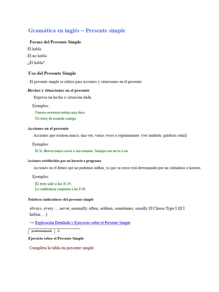 Gramática del Presente Simple en Inglés | PDF