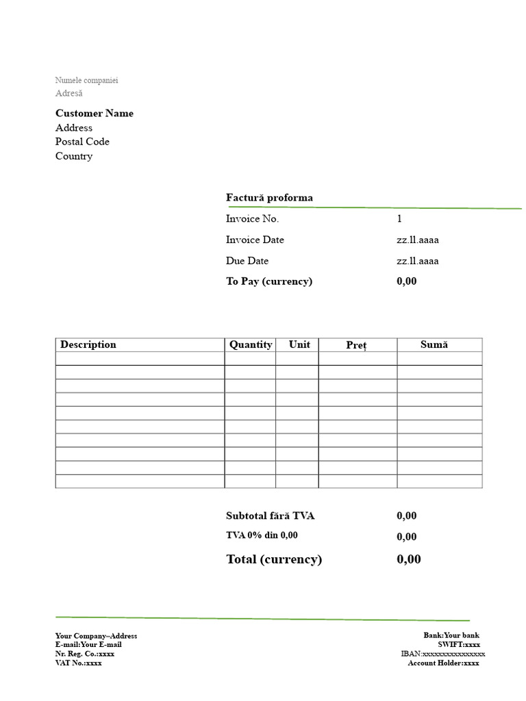Model de Factură Proforma în Engleză pentru Word | PDF