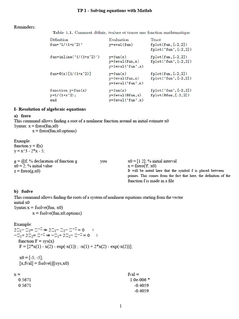 TP1 - Solving Equations With Matlab | PDF | Ordinary Differential Equation | Equations