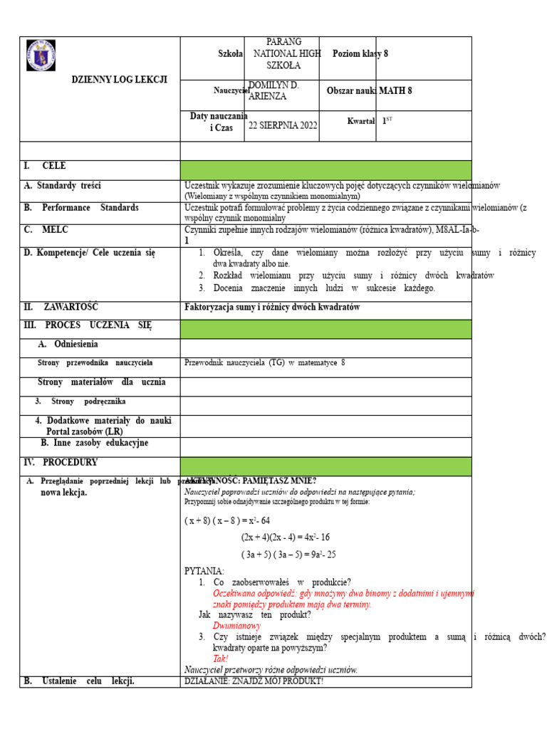 DLL Math 8 Q1 W1 D2 | PDF