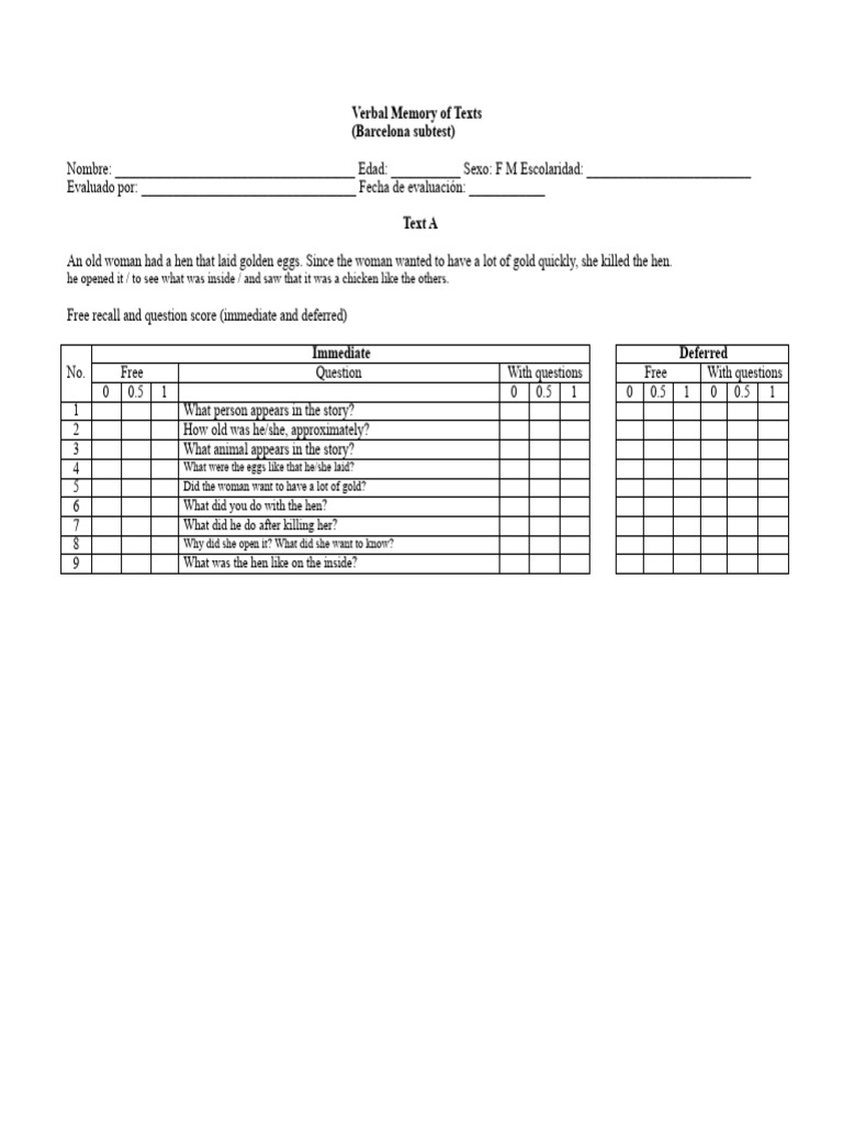 Verbal Memory of Texts (A and B) | PDF | Clinical Medicine | Medicine