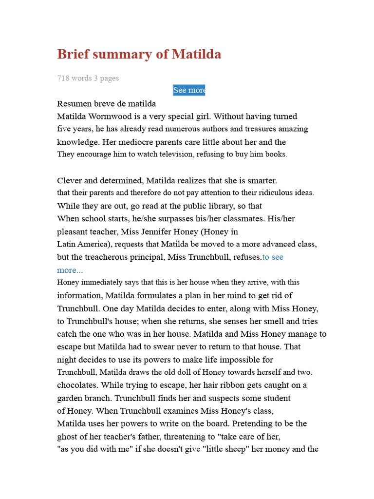 Matilda: A Brief Summary of the Story | PDF