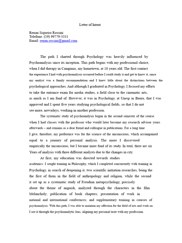 Letter of Intent for Psychoanalysis Training | PDF | Psychoanalysis ...