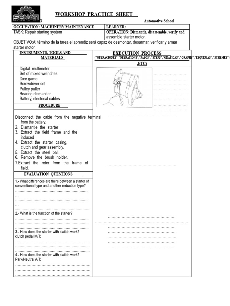 Starter Operation Sheet | PDF | Manufactured Goods | Electromagnetism