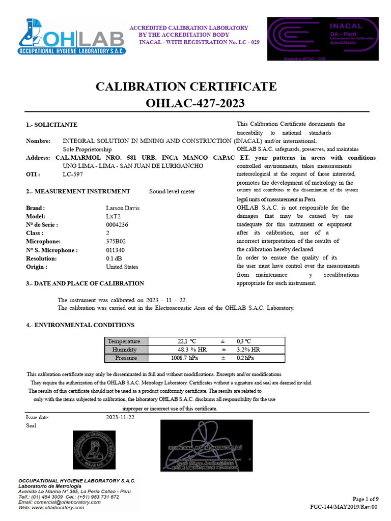 Calibration Certificate for Sound Level Meter | PDF | Calibration | Decibel
