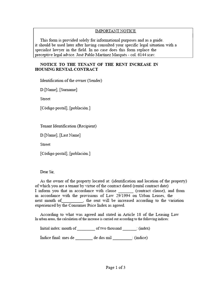 Notification To The Tenant of The Rent Increase in The Housing Lease ...