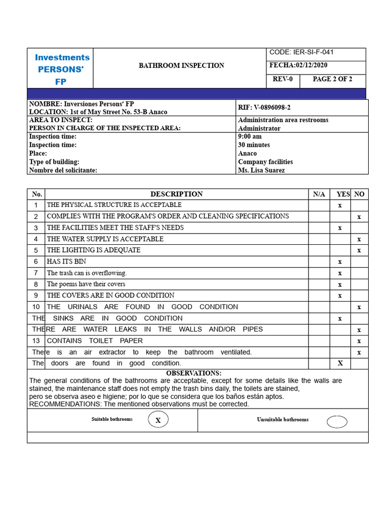 Bathroom Inspection Report - Anaco | PDF | Public Toilet | Hygiene