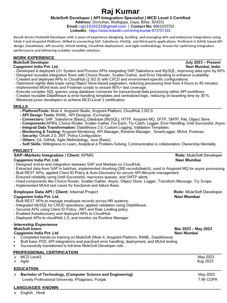 Raj-Kumar MuleSoft Developer Resume Arial | PDF | Databases | My Sql
